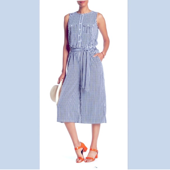 Spense | Pants & Jumpsuits | Spense Blue White Striped Capri Jumpsuit ...